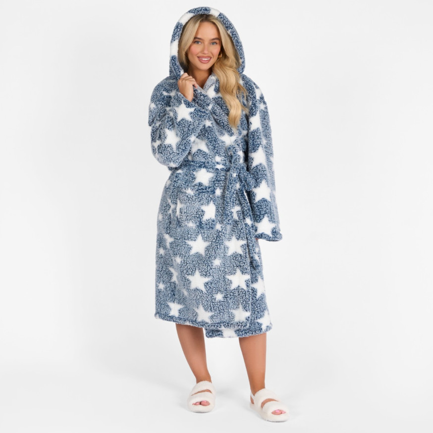 OHS Star Print Teddy Marl Dressing Gown, Adults - Navy
