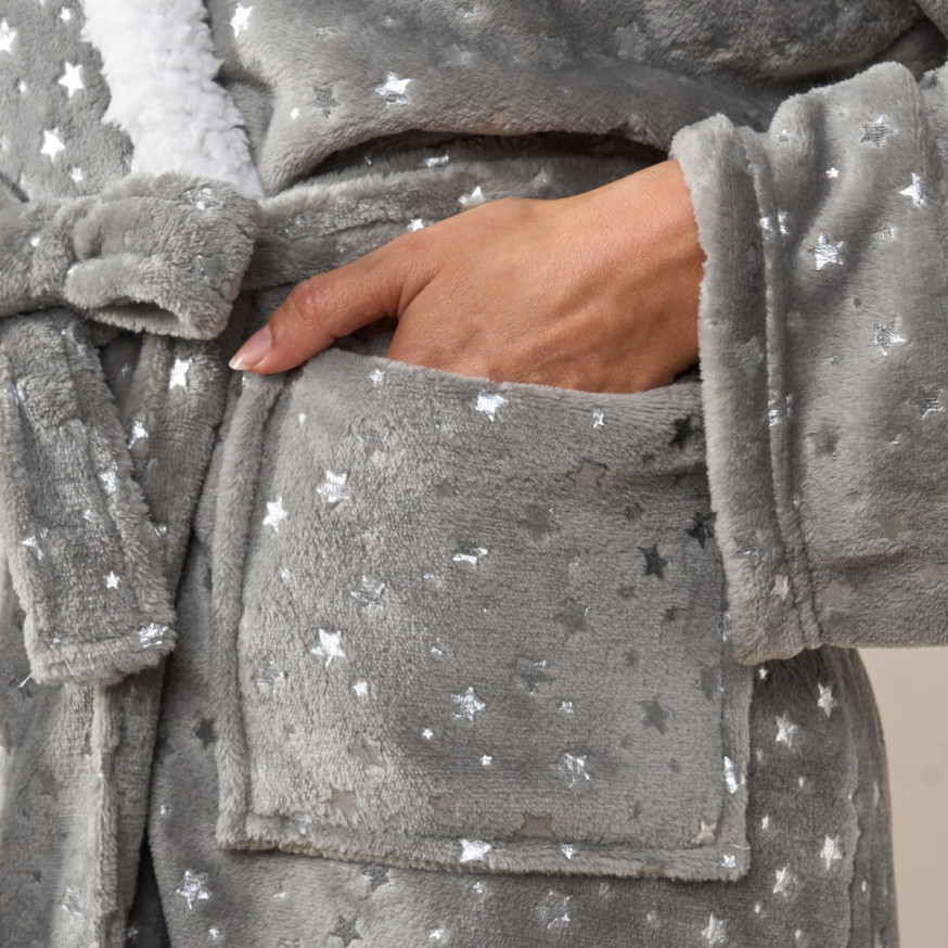 OHS Silver Foil Star Dressing Gown, Adults - Grey