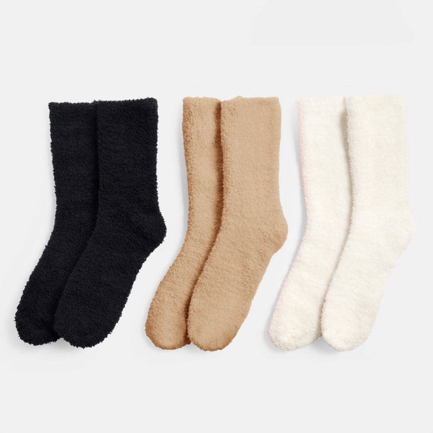 OHS 3 Pack Fluffy Fleece Socks - Beige Black Cream
