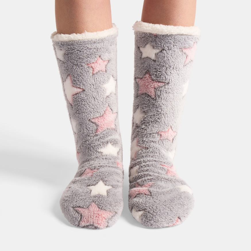 OHS Star Print Fleece Sherpa Reverse Slipper Socks - Grey