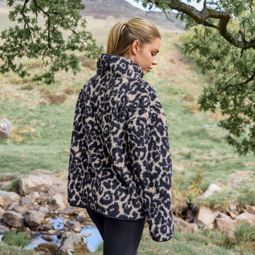 OHS Teddy Leopard Print Half Zip Fleece - Natural