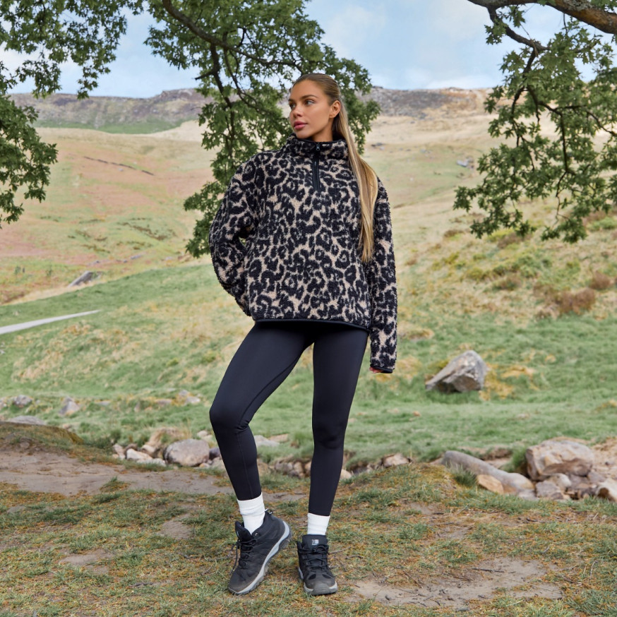 OHS Teddy Leopard Print Half Zip Fleece - Natural