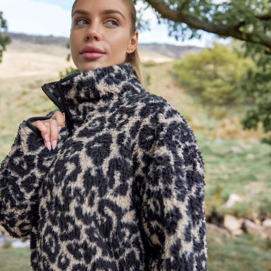 OHS Teddy Leopard Print Half Zip Fleece - Natural
