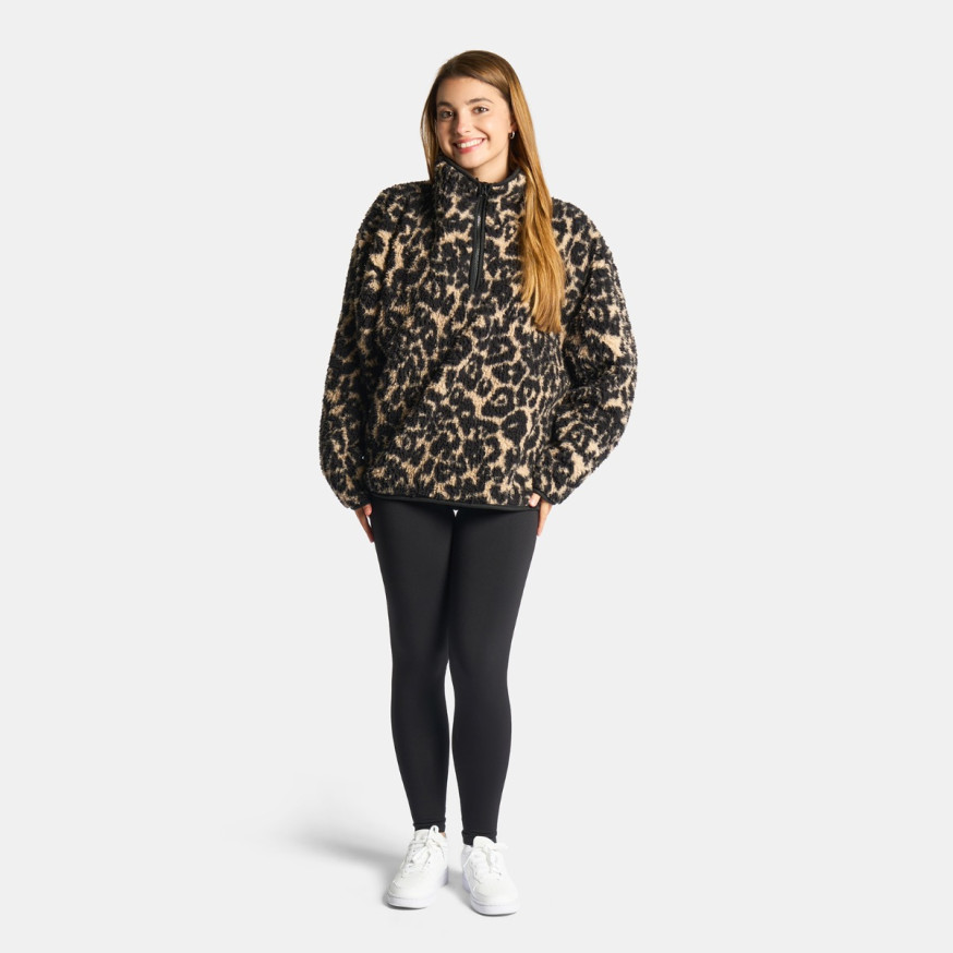OHS Teddy Leopard Print Half Zip Fleece - Natural