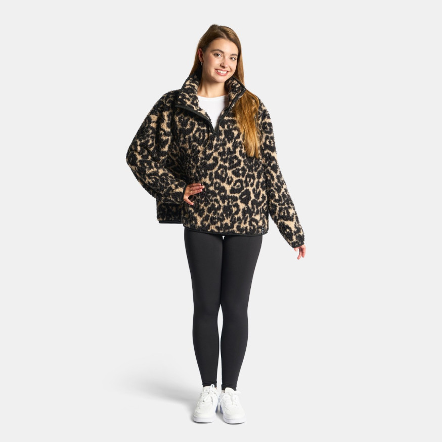 OHS Teddy Leopard Print Half Zip Fleece - Natural