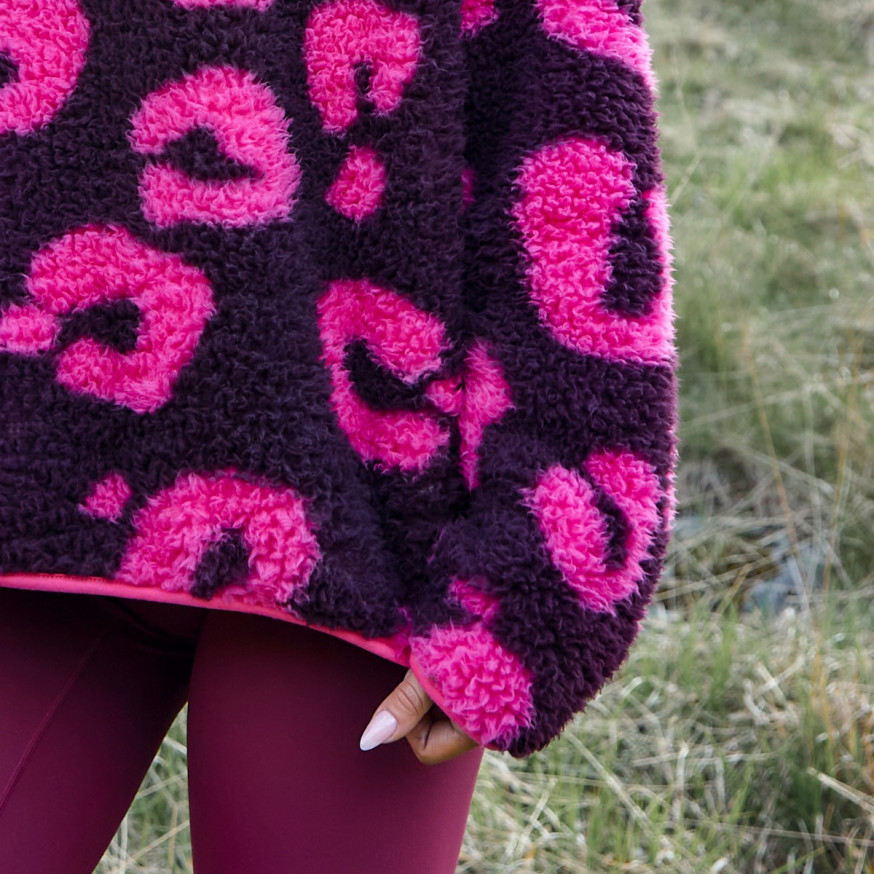 OHS Teddy Abstract Leopard Print Half Zip Fleece - Burgundy/Pink