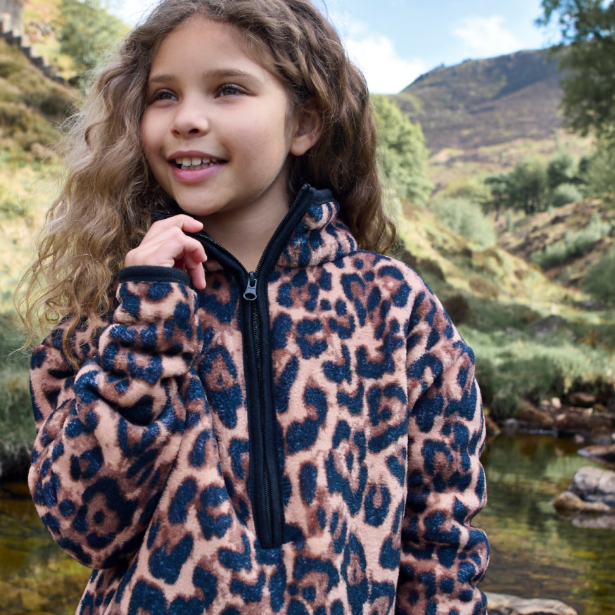 OHS Kids Leopard Print Half Zip Fleece - Natural