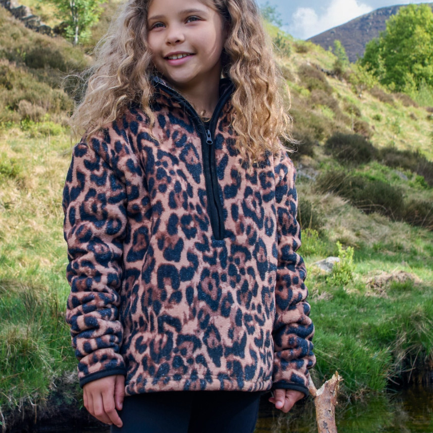 OHS Kids Leopard Print Half Zip Fleece - Natural