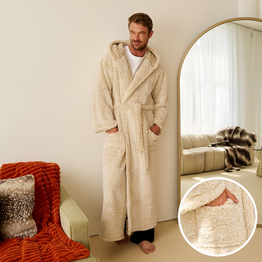 OHS Teddy Marl Dressing Gown Floor Length, Adults - Beige