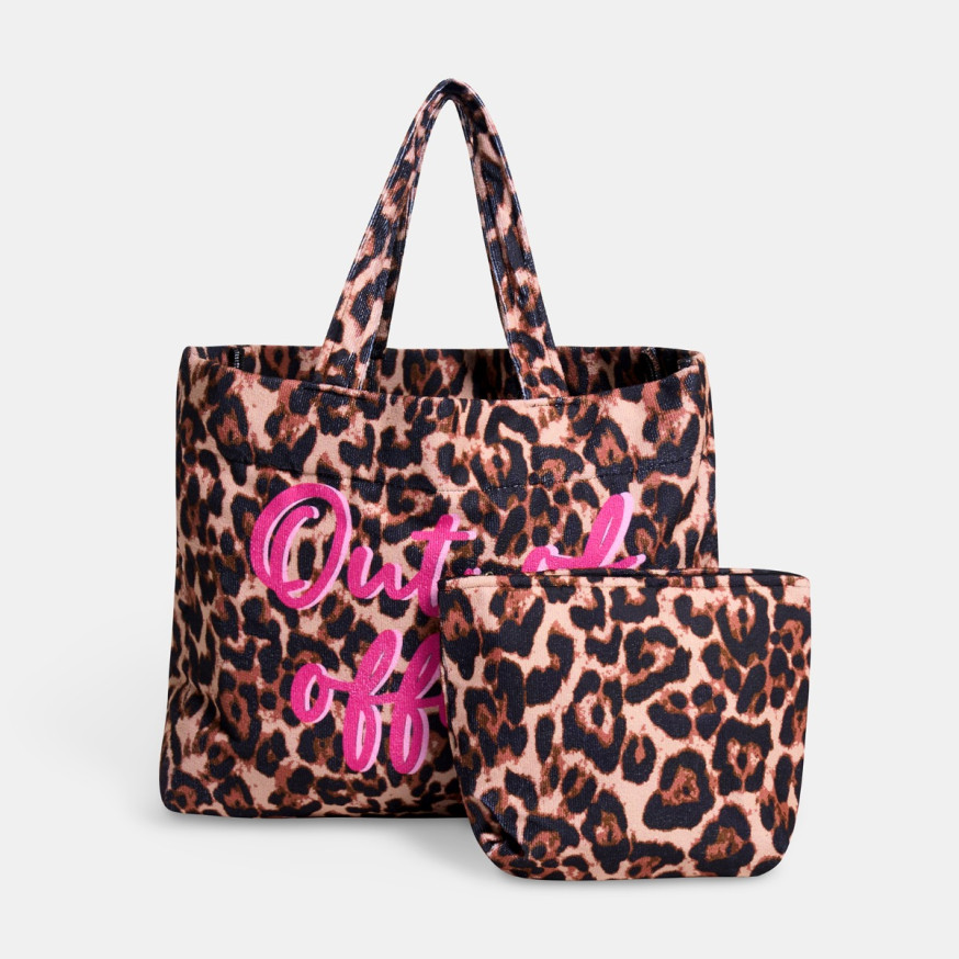 OHS Leopard Print Out Of Office Slogan Beach Bag & Pouch - Natural