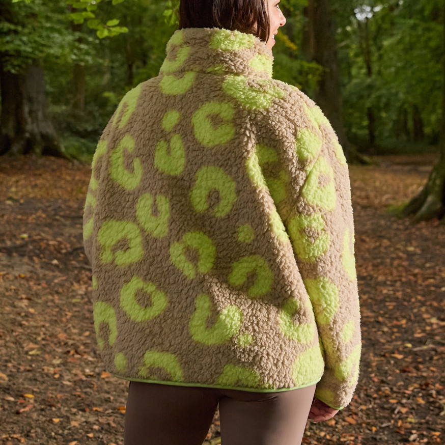 OHS Teddy Abstract Leopard Print Half Zip Fleece - Natural/Neon