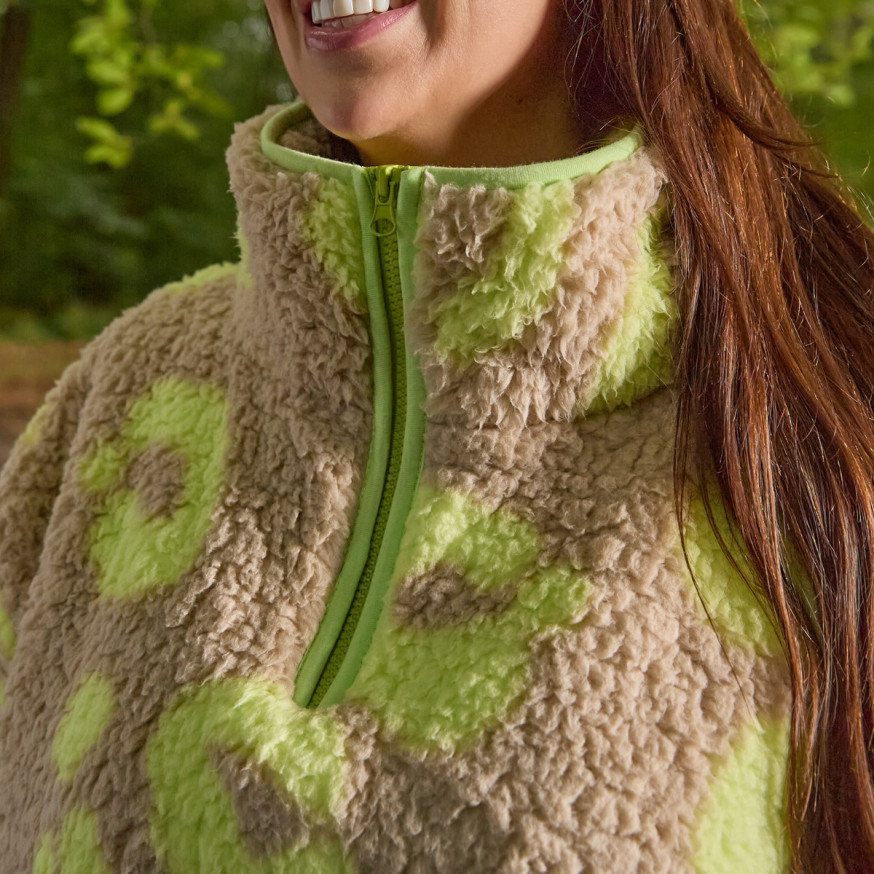 OHS Teddy Abstract Leopard Print Half Zip Fleece - Natural/Neon