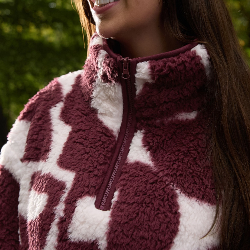 OHS Teddy Geometric Print Half Zip Fleece - Burgundy/White