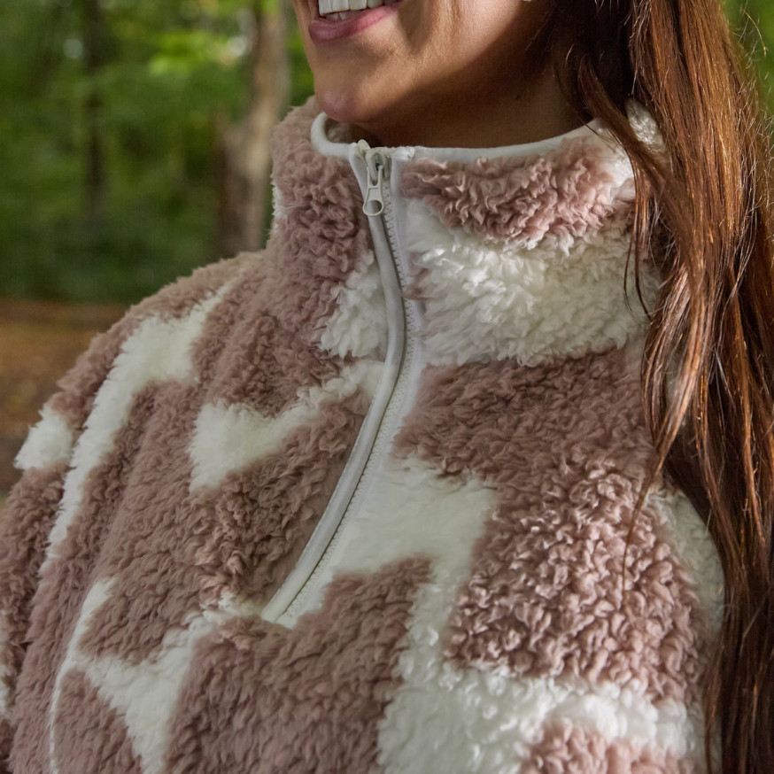 OHS Teddy Geometric Print Half Zip Fleece - Beige