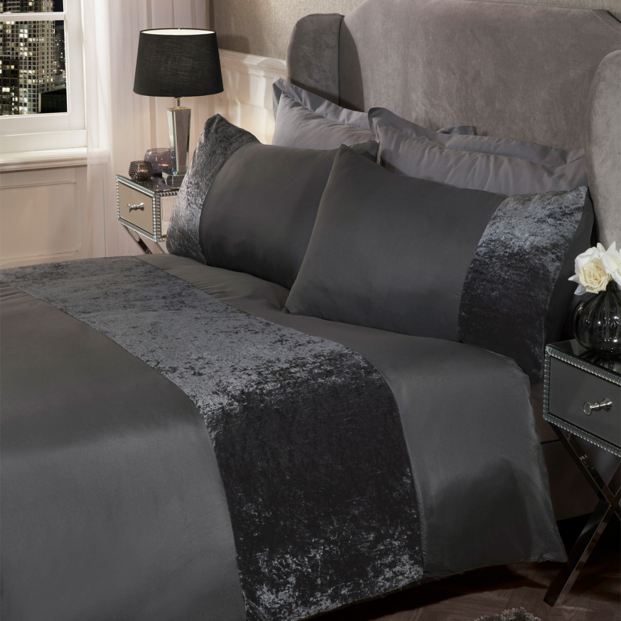 OHS Crushed Velvet Band Duvet Set - Charcoal Grey