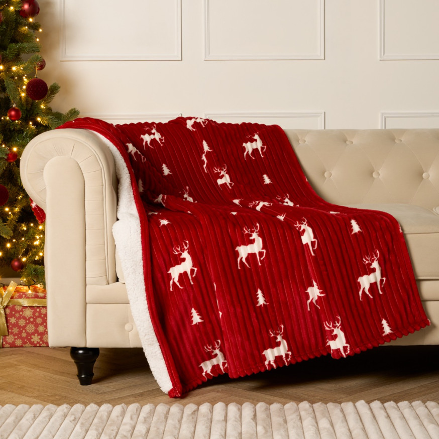 OHS Ribbed Stag Throw Sherpa Reverse - Red