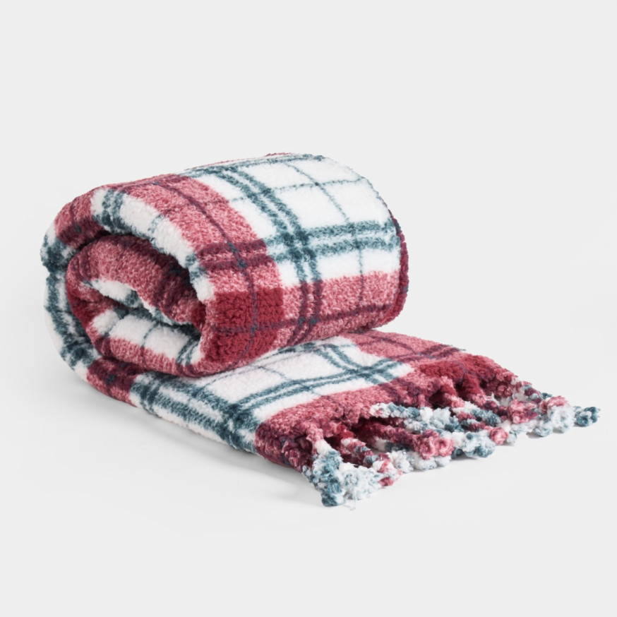 OHS Check Tassel Sherpa Throw - Red/Green