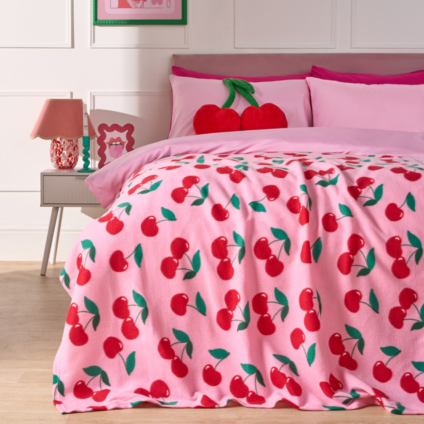 OHS Cherry Print Fleece Throw - Pink/Red