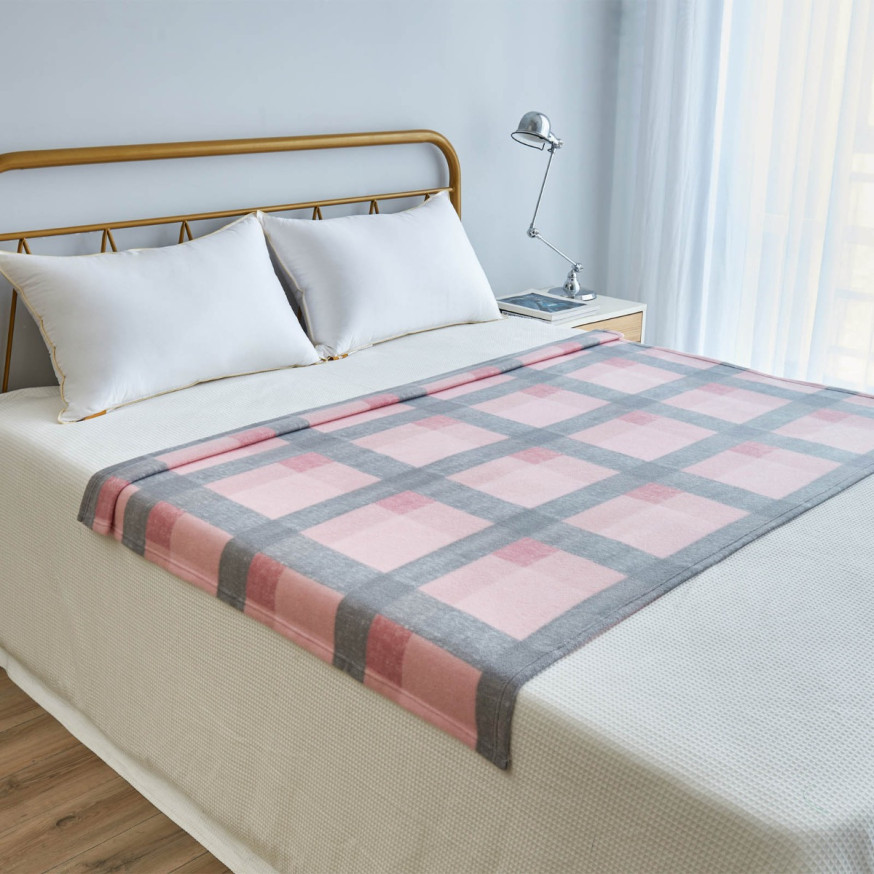 Dreamscene Tartan Check Fleece Throw, Blush Pink/Grey - 120 x 150 cm