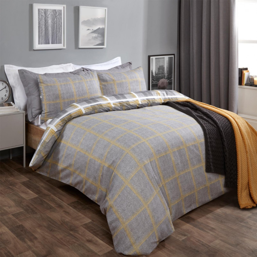 OHS Denim Check Duvet Cover Set, Grey/Ochre - Double