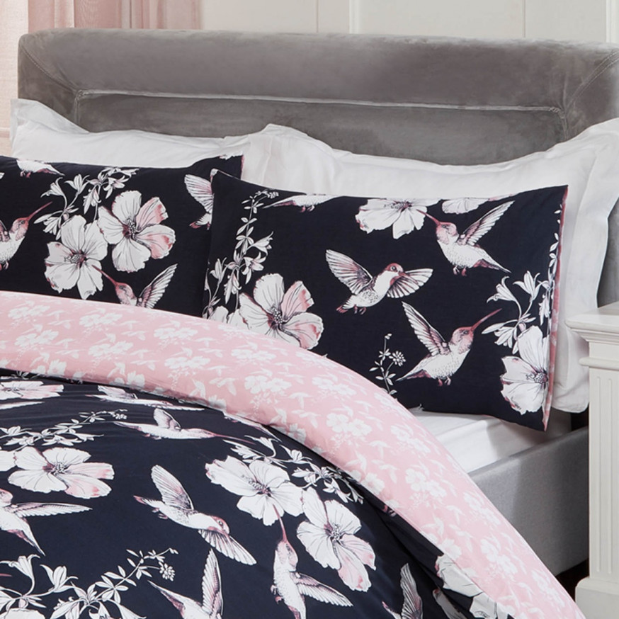 Dreamscene Hummingbirds Duvet Cover Set - Navy/Blush