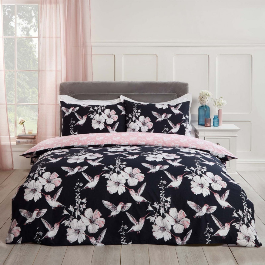 Dreamscene Hummingbirds Duvet Cover Set - Navy/Blush