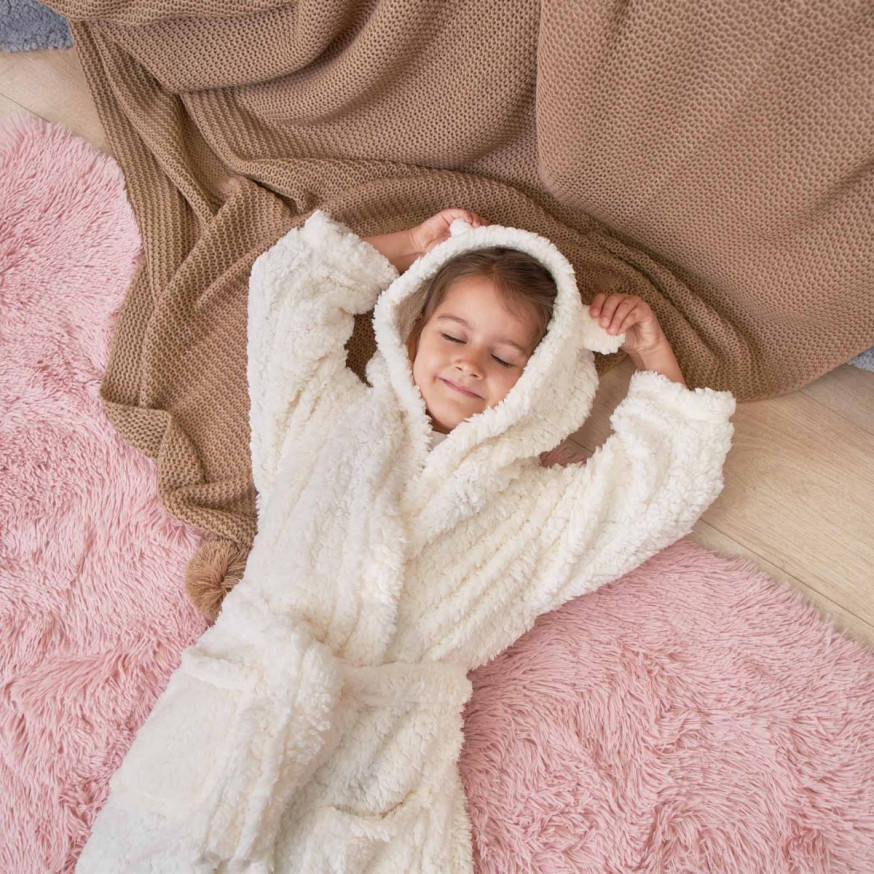 OHS Kids Teddy Fleece Bear Ears Dressing Gown - Cream