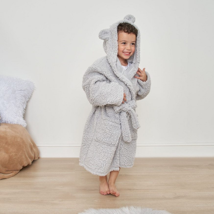 OHS Kids Teddy Fleece Bear Ears Dressing Gown - Grey