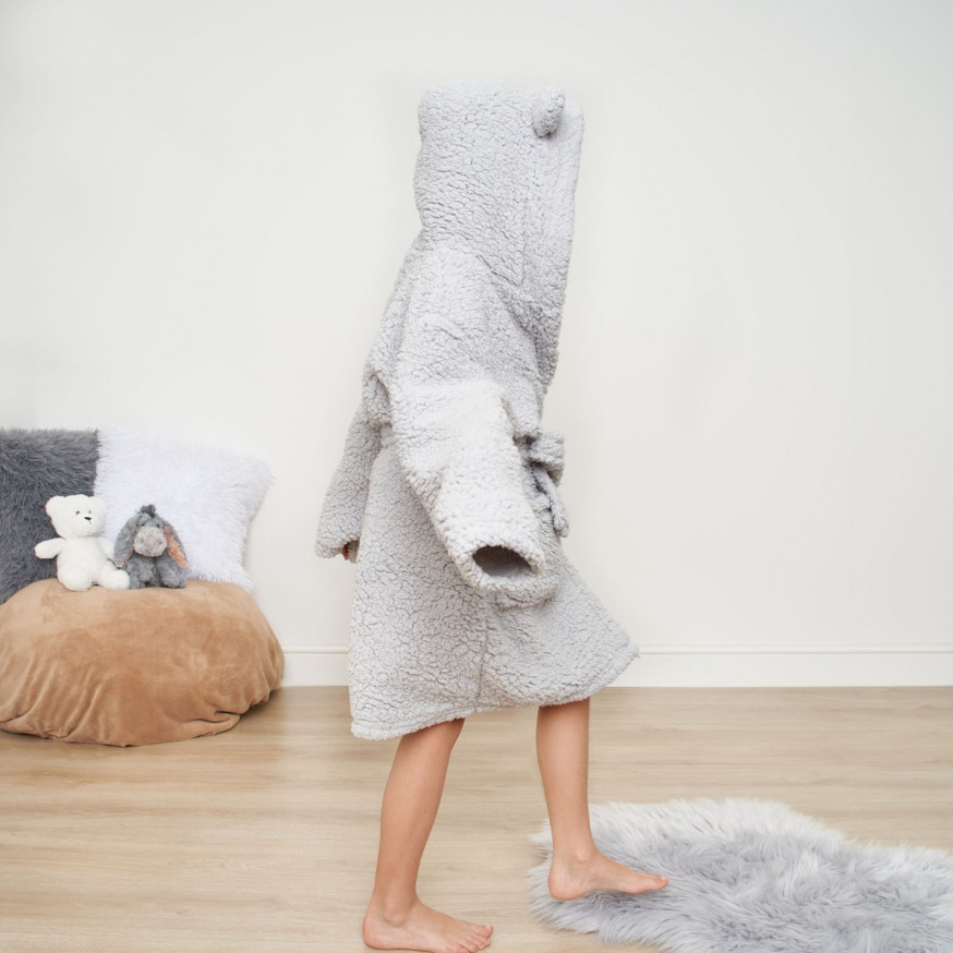OHS Kids Teddy Fleece Bear Ears Dressing Gown - Grey
