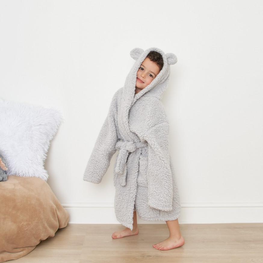 OHS Kids Teddy Fleece Bear Ears Dressing Gown - Grey