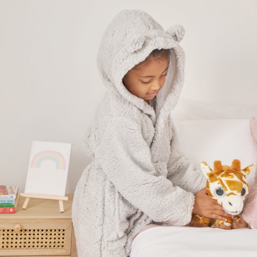 OHS Kids Teddy Fleece Bear Ears Dressing Gown - Grey