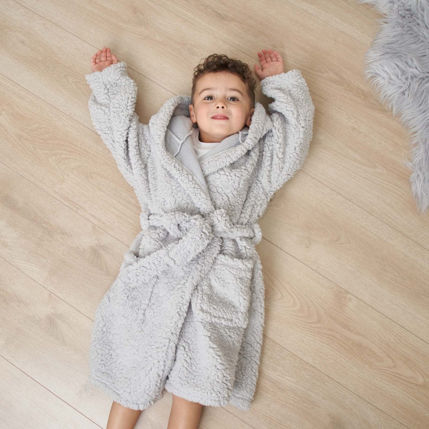 OHS Kids Teddy Fleece Bear Ears Dressing Gown - Grey