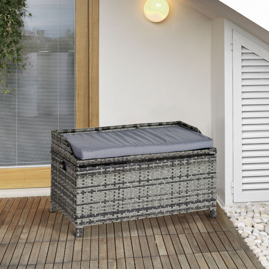 Outsunny Wicker Rattan Storage Box Seat With Cushion - Grey