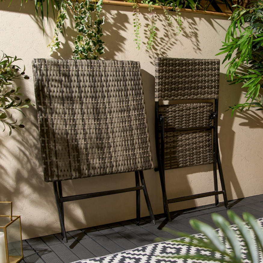 OHS Rattan Folding Bistro Set, 3 Piece - Grey