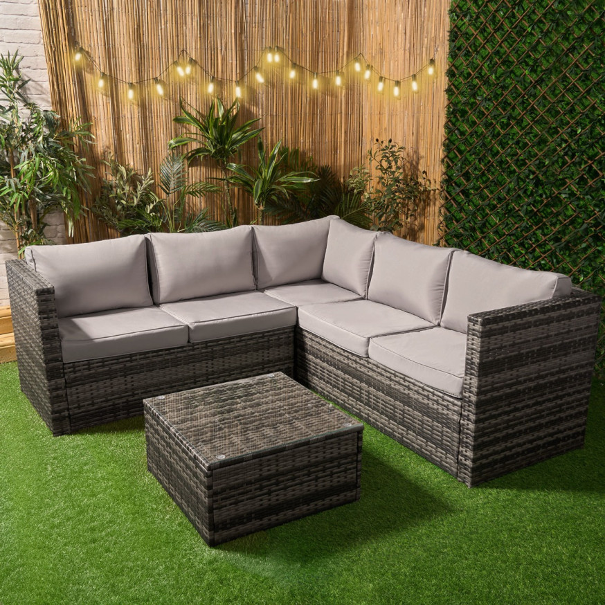 OHS 5 Seater Outdoor Rattan Garden Corner Sofa and Table Set - Grey
