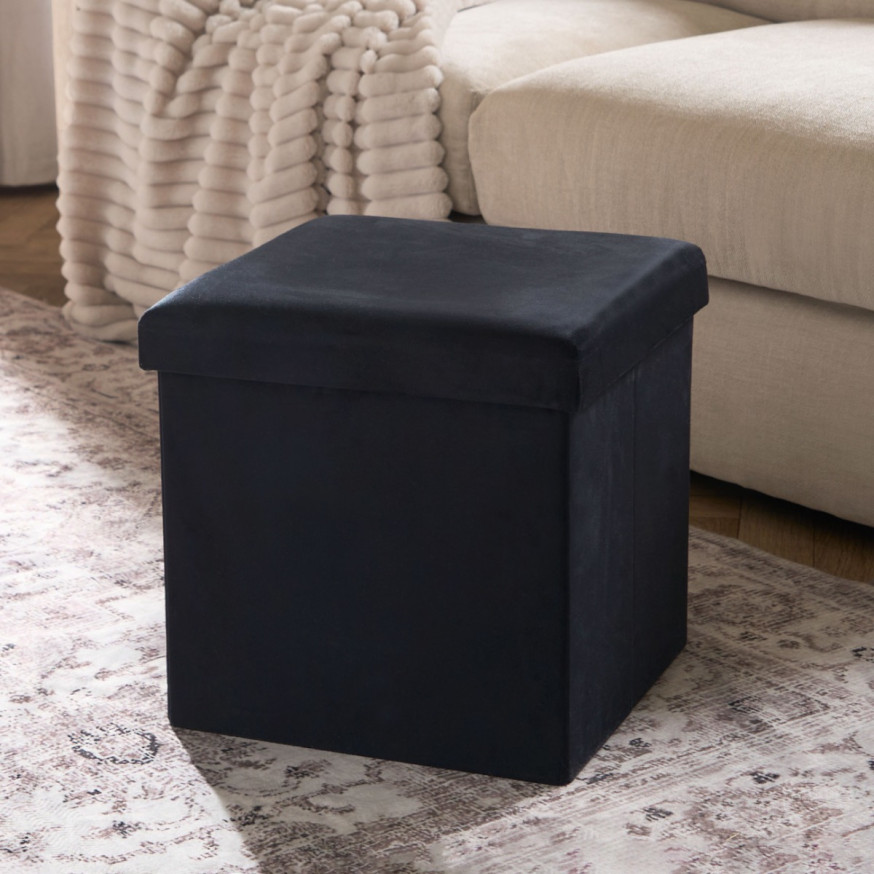 OHS Matte Velvet Foldable Cube Storage Ottoman - Black