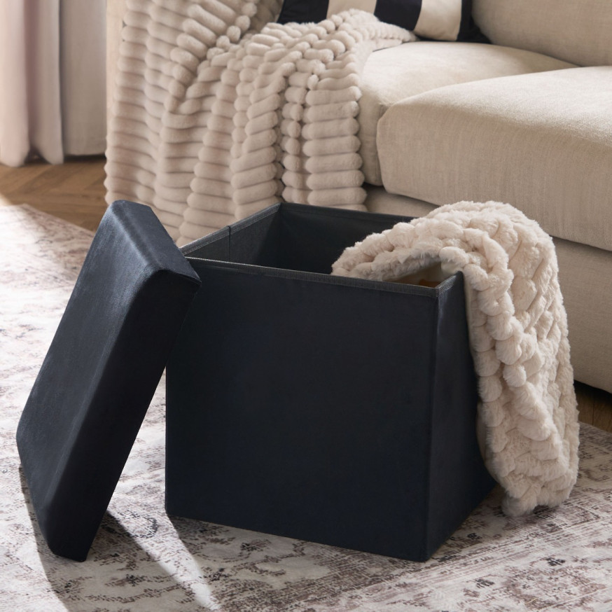OHS Matte Velvet Foldable Cube Storage Ottoman - Black
