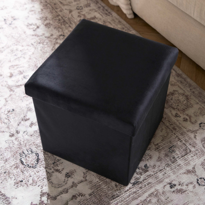 OHS Matte Velvet Foldable Cube Storage Ottoman - Black