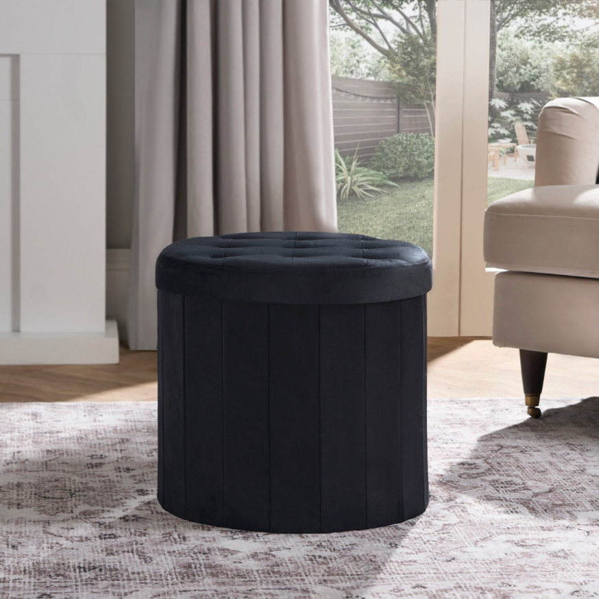OHS Matte Velvet Foldable Round Storage Ottoman - Black