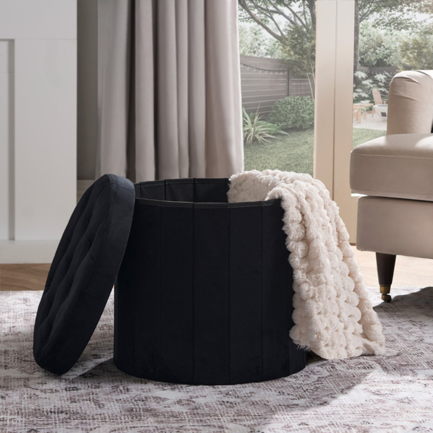 OHS Matte Velvet Foldable Round Storage Ottoman - Black
