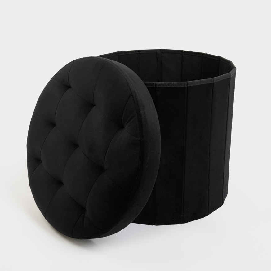 OHS Matte Velvet Foldable Round Storage Ottoman - Black