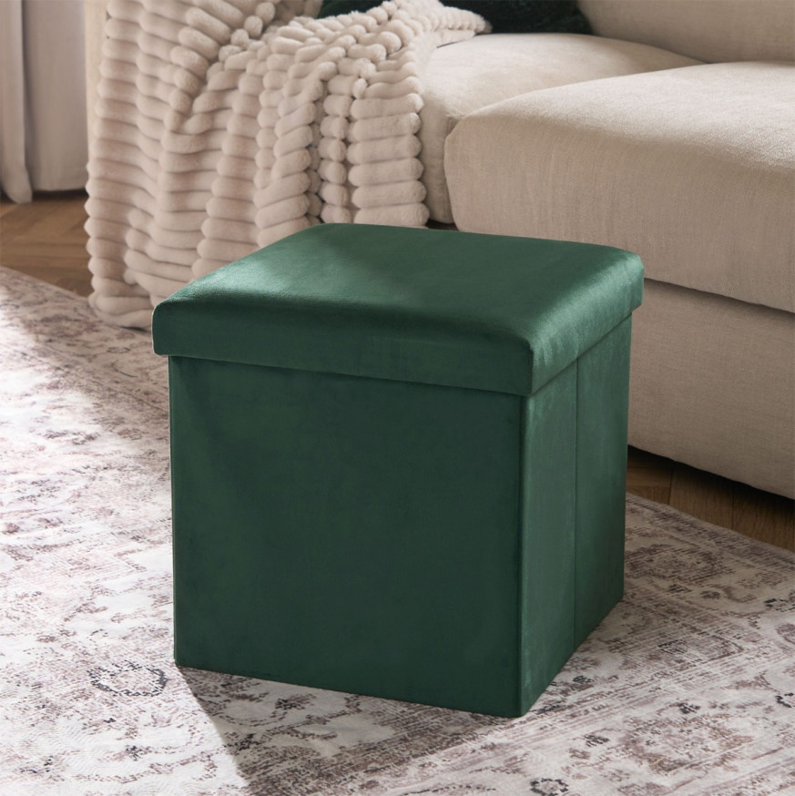 OHS Matte Velvet Foldable Cube Storage Ottoman - Forest Green