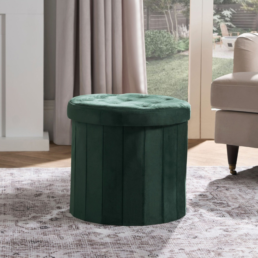 OHS Matte Velvet Foldable Round Storage Ottoman - Forest Green