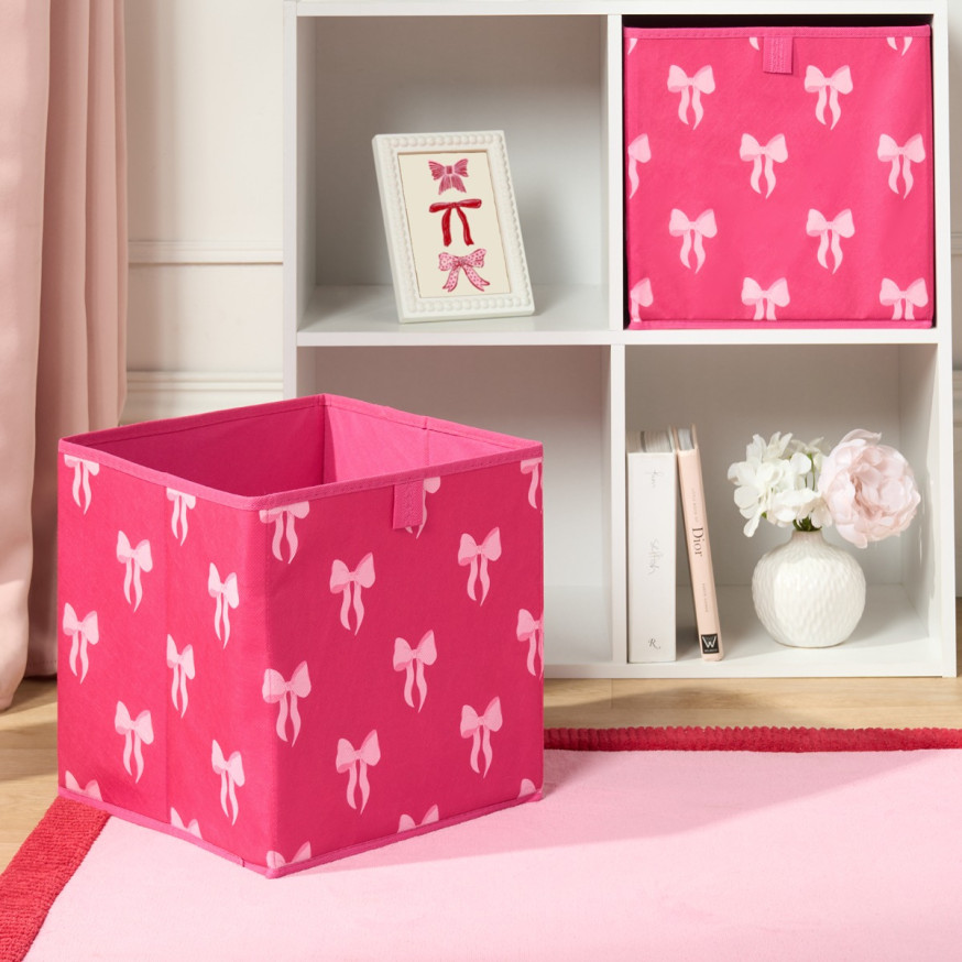 OHS Bow Print Cube Storage Boxes, Hot Pink - 2 Pack