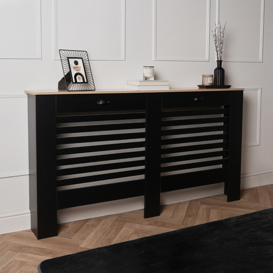 OHS Wooden Radiator Cover with Oak Look Top - Black