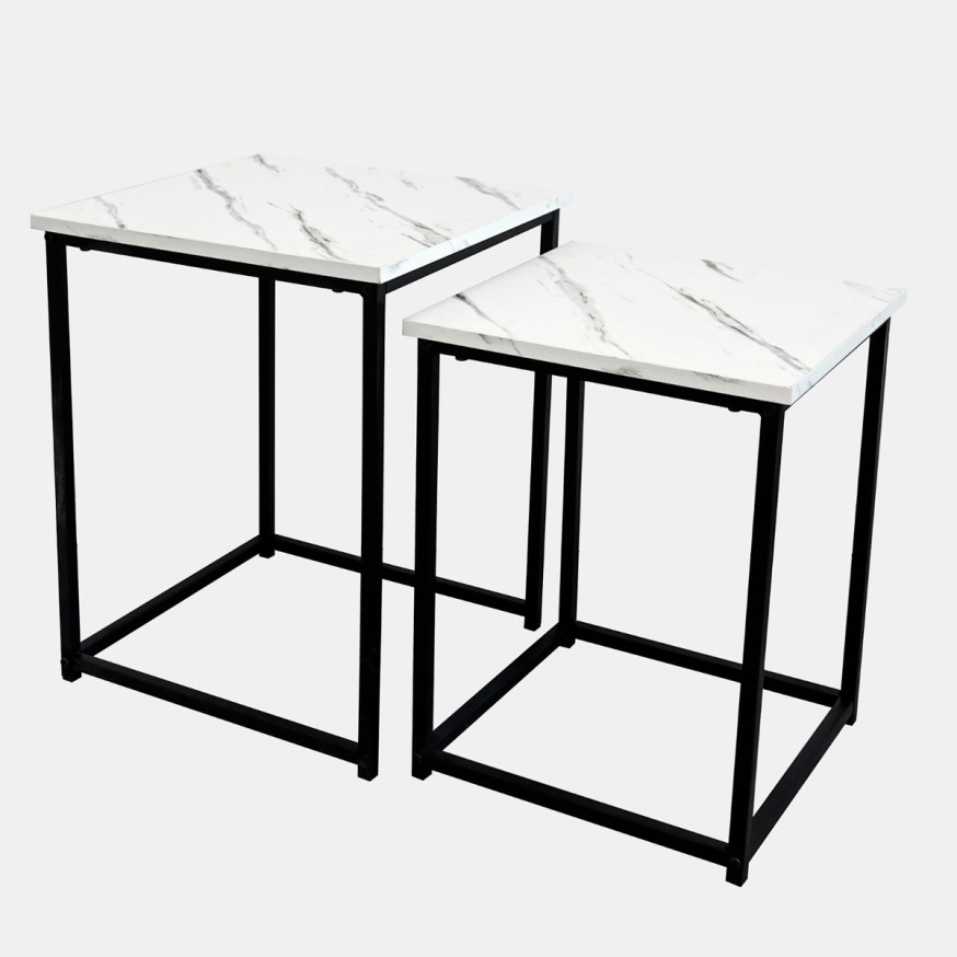 OHS Manhattan Marble Effect Nest of 2 Square Tables - Black/White