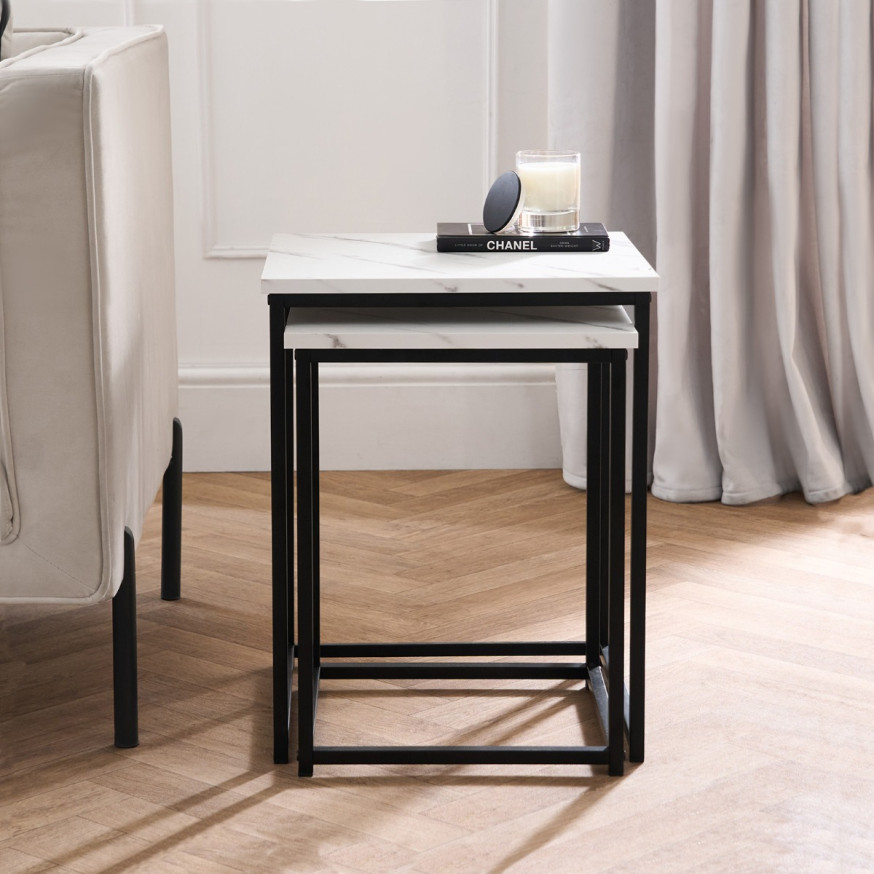 OHS Manhattan Marble Effect Nest of 2 Square Tables - Black/White