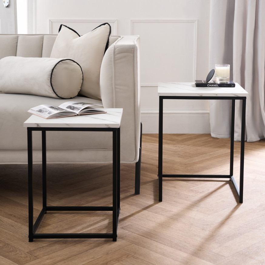 OHS Manhattan Marble Effect Nest of 2 Square Tables - Black/White