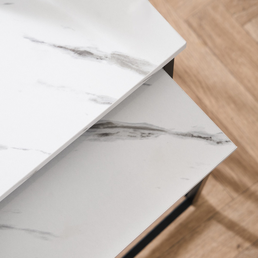 OHS Manhattan Marble Effect Nest of 2 Square Tables - Black/White