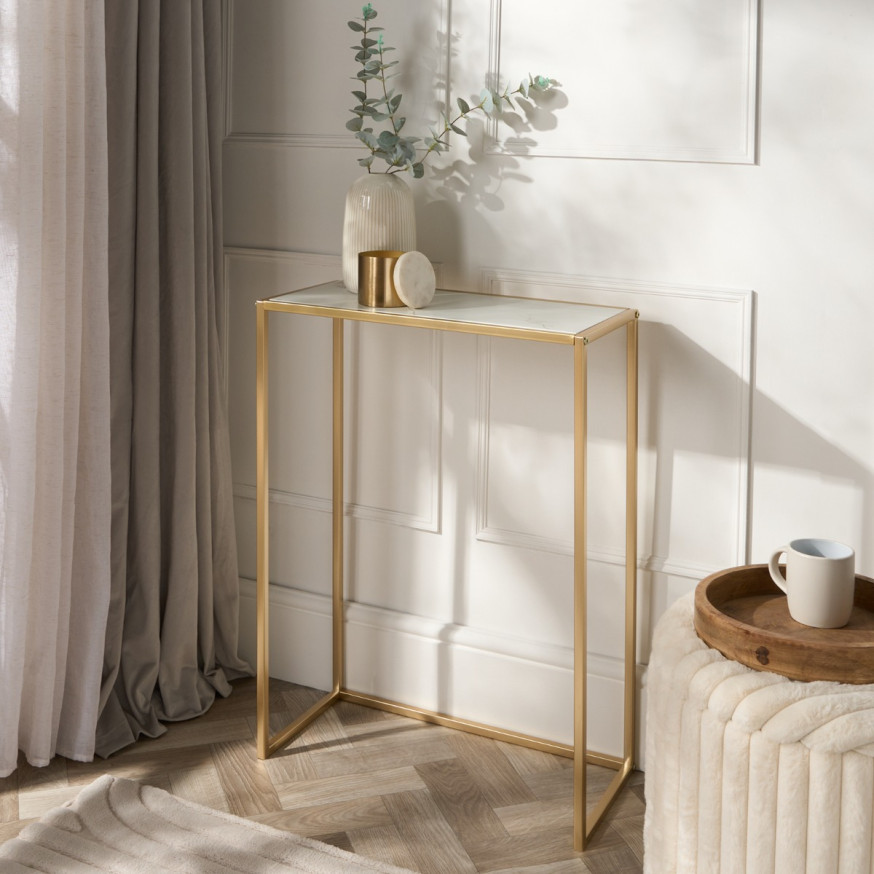OHS Manhattan Marble Effect Rectangle Console Table - Gold/White